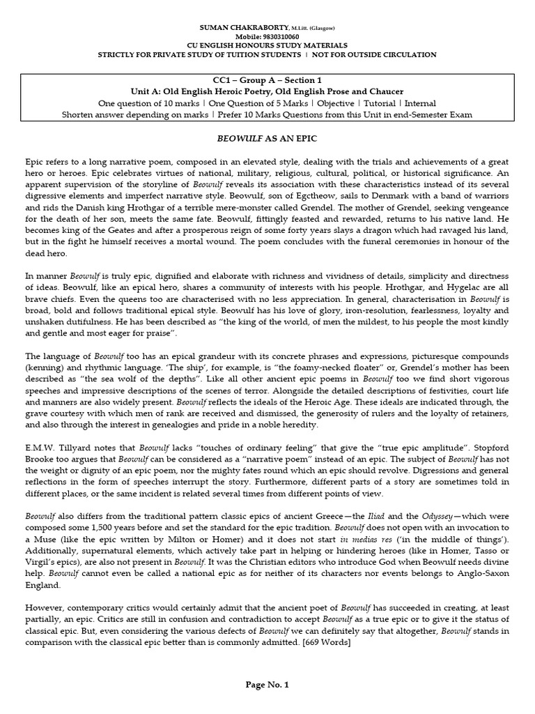 Sample Page of CC1 - HISTORY OF LITERATURE - Unit A | PDF | Beowulf | Epic Poetry