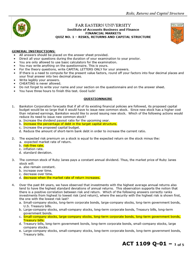 Quiz No. 1 Risks Returns and Capital Structure | PDF