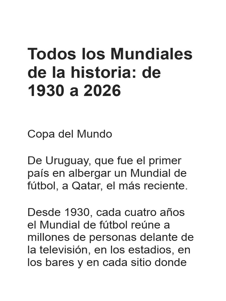Historia de los Mundiales: 1930-2026 | PDF | Selección nacional de ...