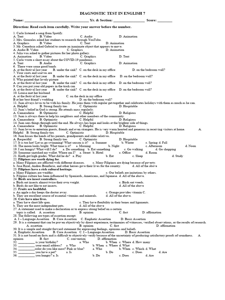 DIAGNOSTIC TEST IN ENGLISH 7 FINAL | PDF