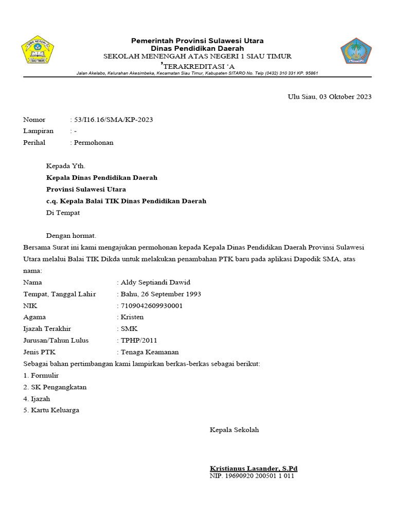 Surat Permohonan Tambah GTK | PDF