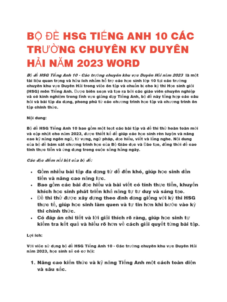 BỘ ĐỀ HSG TIẾNG ANH 10 CÁC TRƯỜNG CHUYÊN KV DUYÊN HẢI NĂM 2023 WORD | PDF