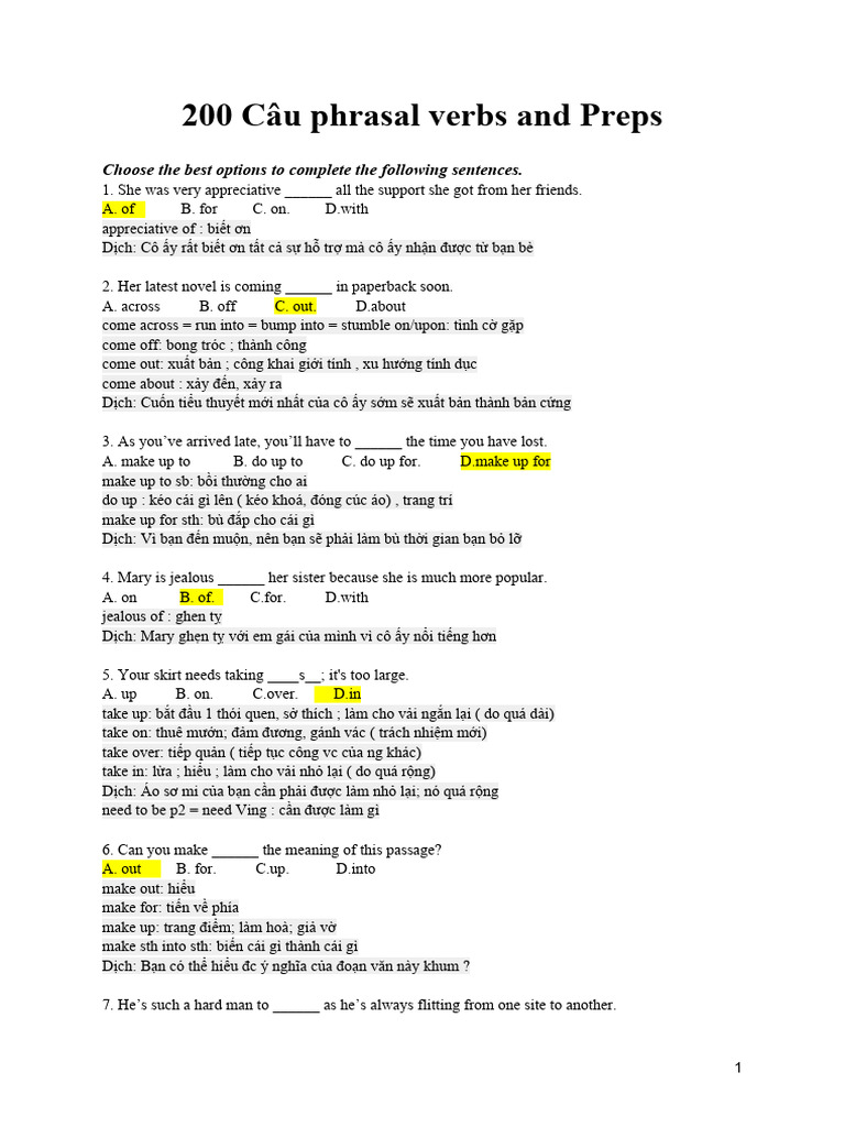 200 Câu Phrasal Verbs Và Preps | PDF
