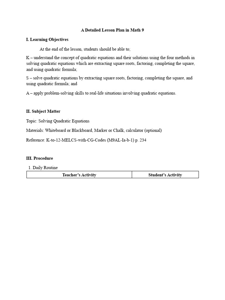 A Detailed Lesson Plan in Math 9 Final2 | PDF | Quadratic Equation | Equations