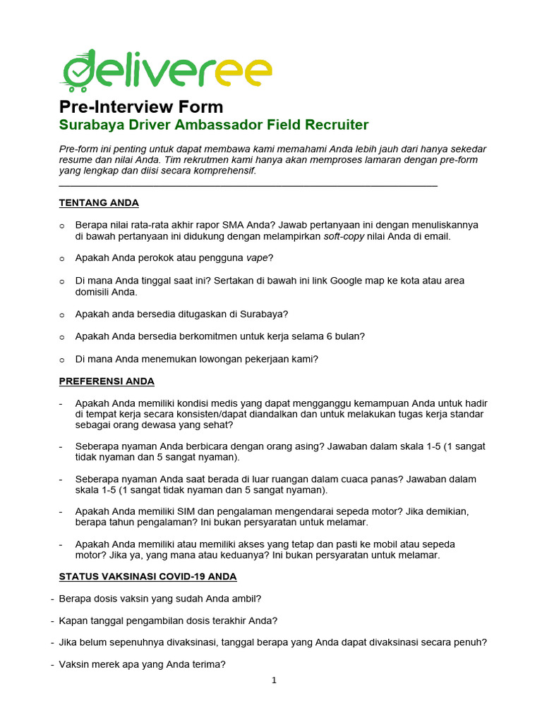 Formulir Pra-Wawancara Driver Surabaya | PDF