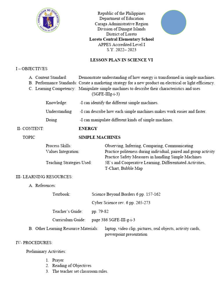 Lesson Plan in Science Vi 3RD | PDF | Machines | Lesson Plan