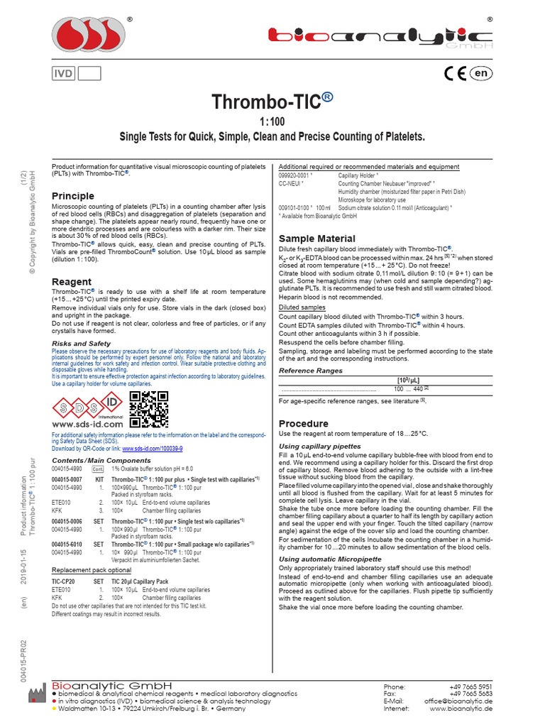 Hematology - KitProtocol - Thrombo-TIC 100 | PDF | Blood | Blood Cell