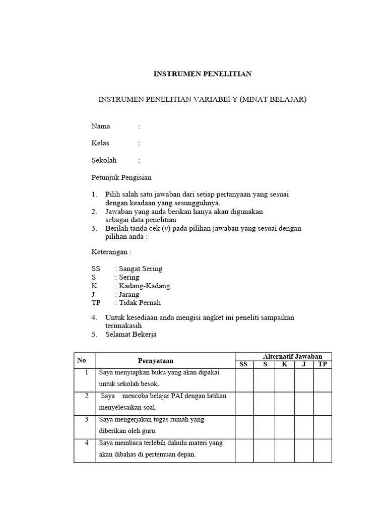 INSTRUMEN PENELITIAN Skripsi | PDF