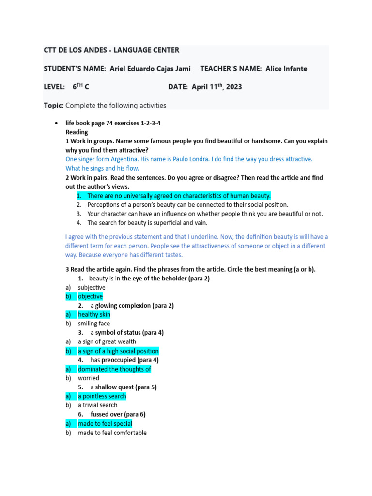 Homework Unit 6 | PDF | Beauty