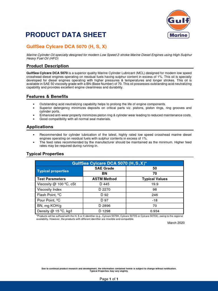 PDS - GulfSea Cylcare DCA 5070H 2020-03 | PDF | Diesel Engine | Fuel Oil