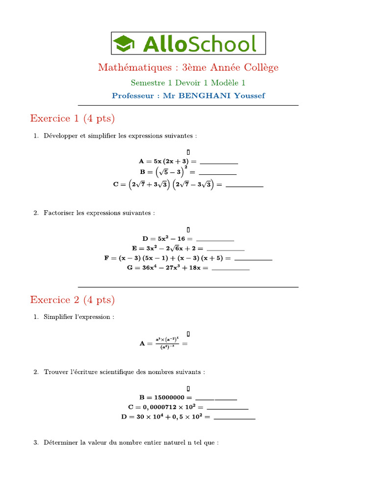 Math 3ac Semestre 1 Devoir 1 Modele 1 1 | PDF