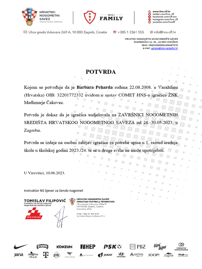 Barbara Peharda - Potvrda Za Upis U Srednju Školu | PDF