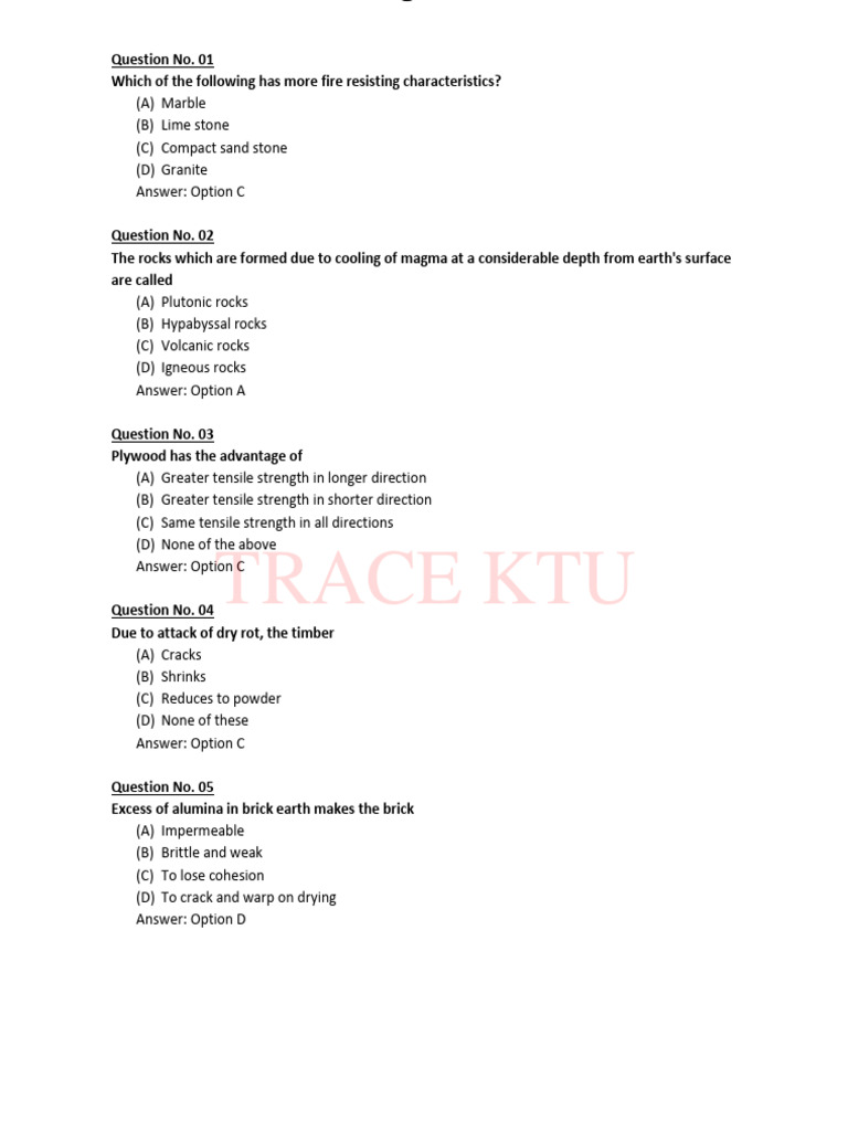 Building Materials-1-18 MCQ | Download Free PDF | Rock (Geology) | Concrete
