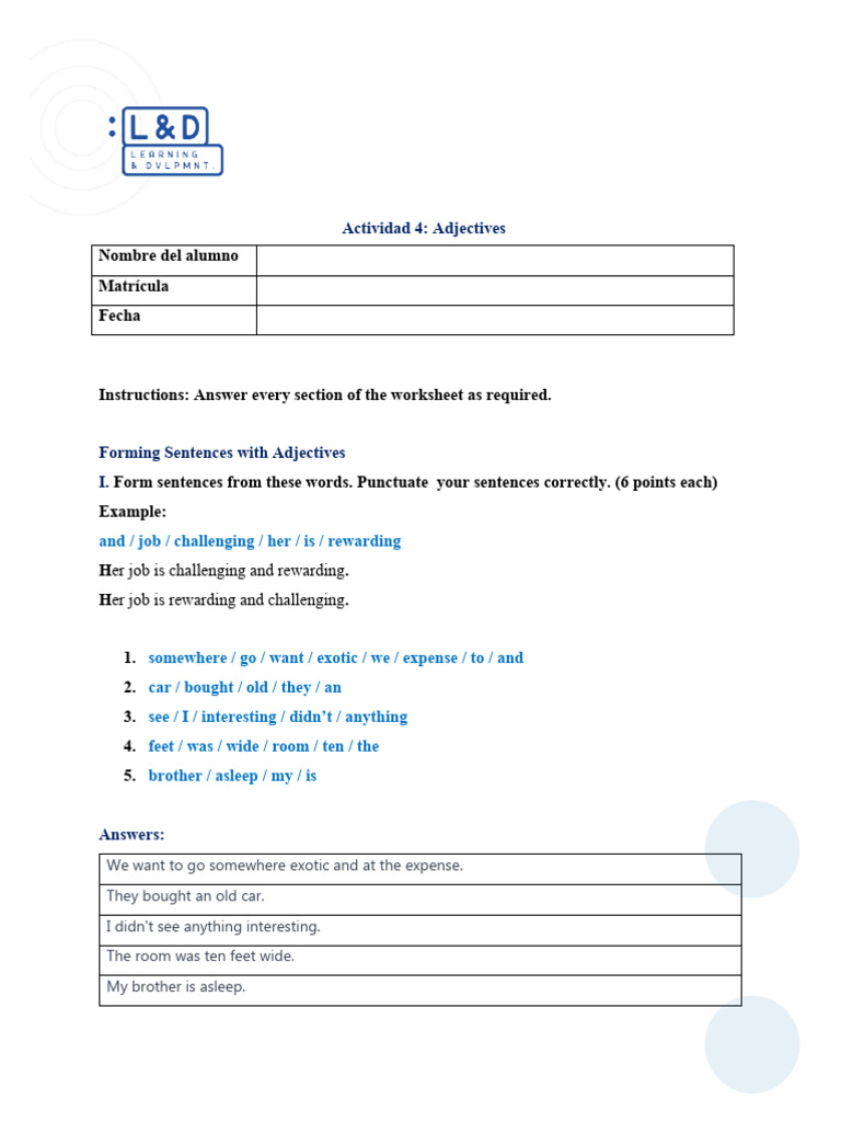 Adjective Sentence Formation Worksheet | PDF