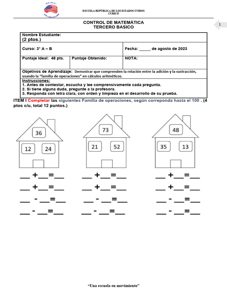 Guía de Familias de Operaciones 3° Básico | PDF
