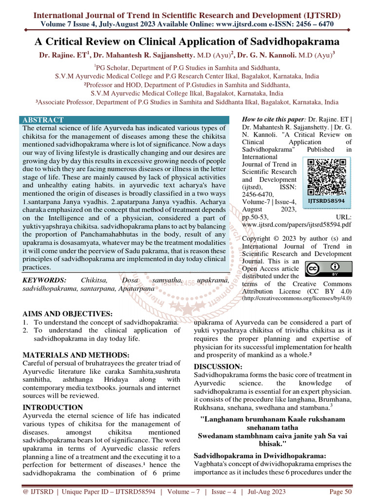 A Critical Review On Clinical Application of Sadvidhopakrama | PDF