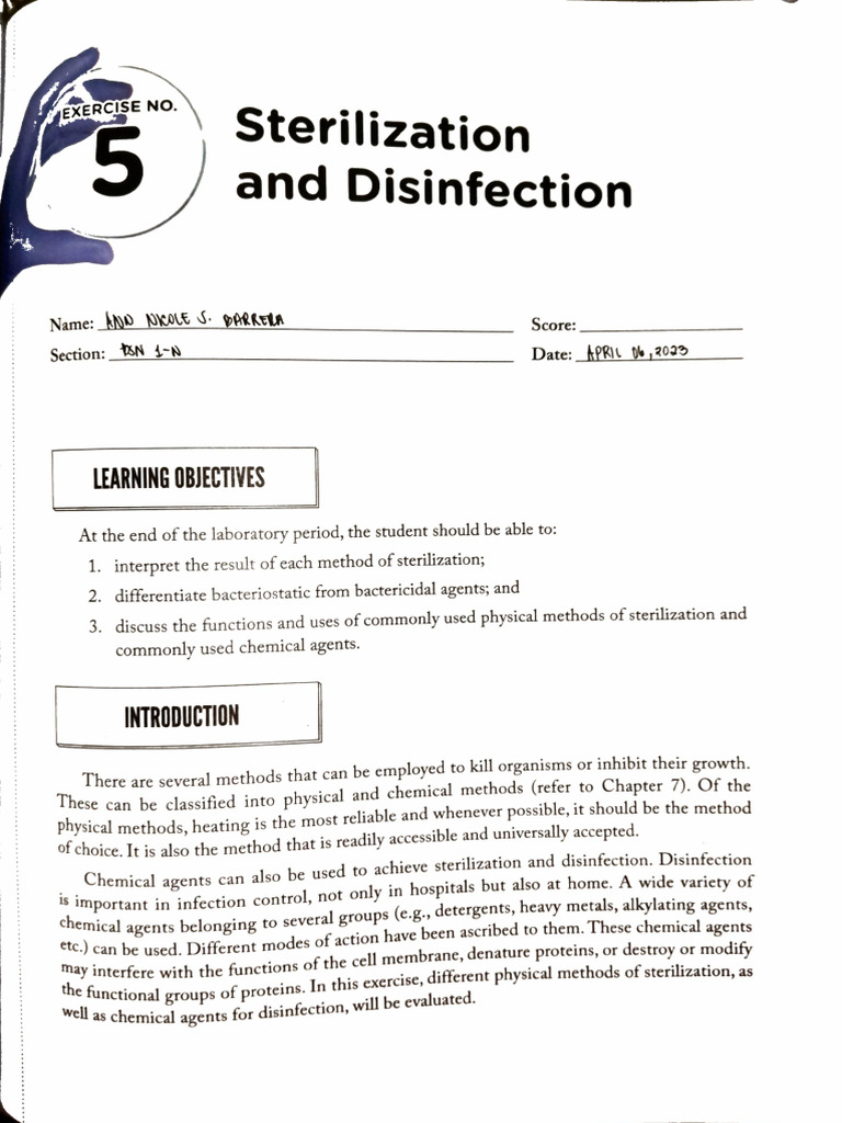 Exercise 5 - Sterilization and Disinfection | PDF