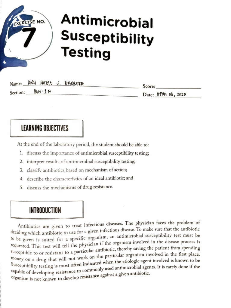 Exercise 7 - Antimicrobial Susceptibility Testing | PDF