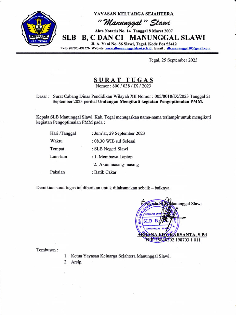 Surat Tugas Pengoptimalan PMM SLB Manunggal | PDF