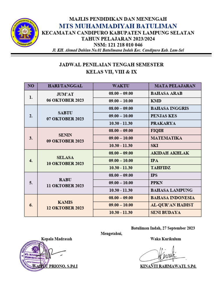 JADWAL PTS GANJIL MTs M BTL 2023 | PDF