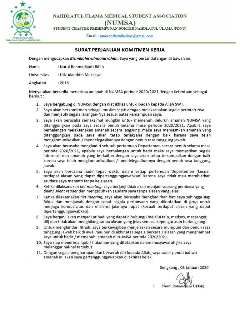 Surat Perjanjian Komitmen Kerja | PDF