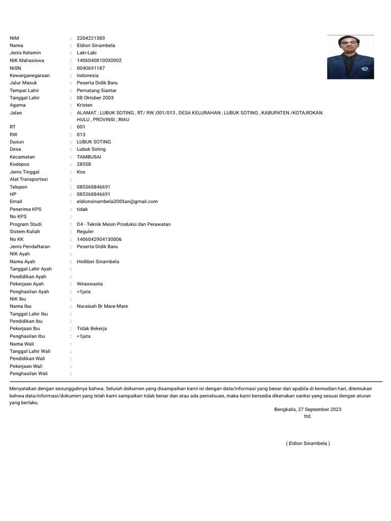 Biodata Mahasiswa | PDF