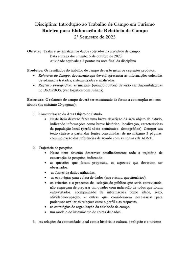 Roteiro Relatorio Trabalho Campo | PDF
