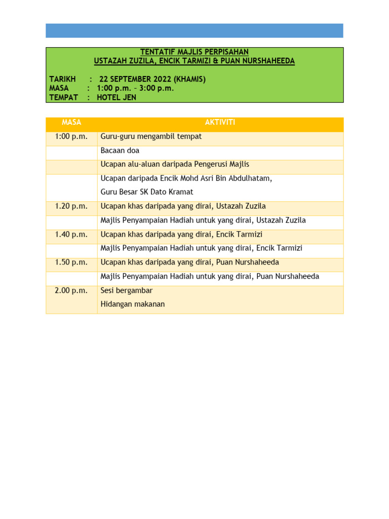 Tentatif Majlis Perpisahan 22 Sept | PDF