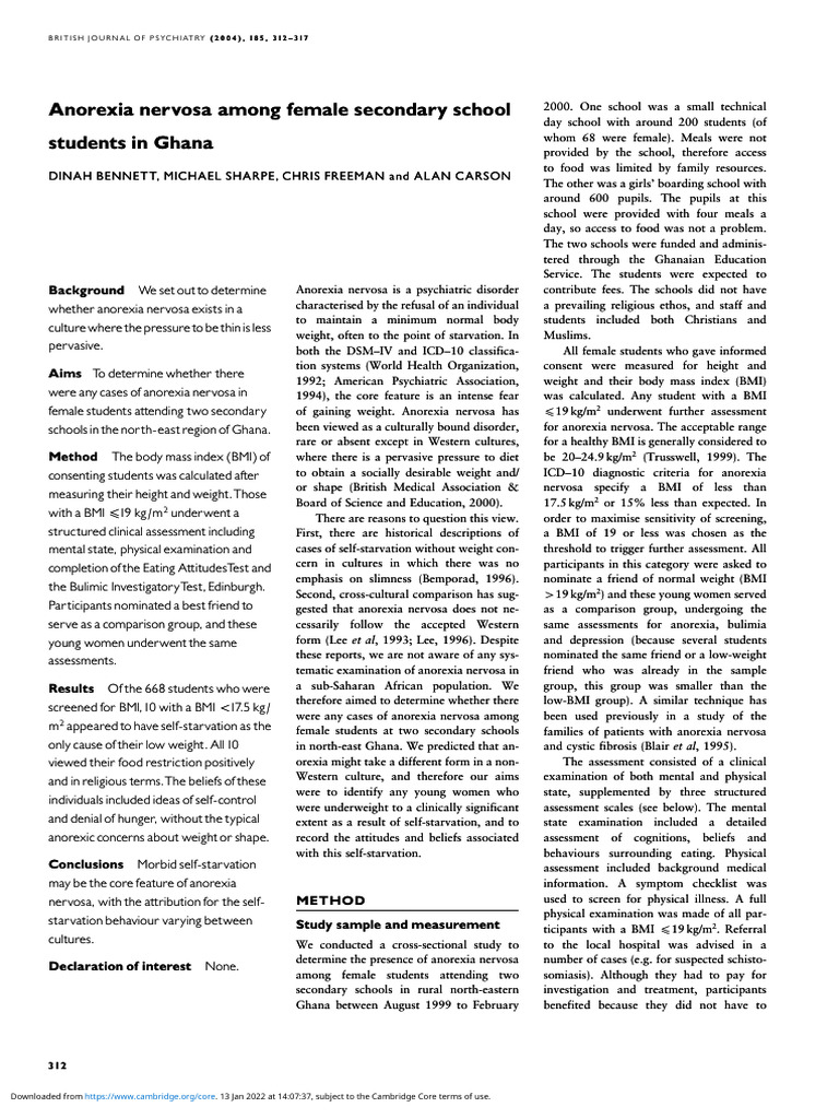 Anorexia Nervosa Among Female Secondary School Students in Ghana | PDF