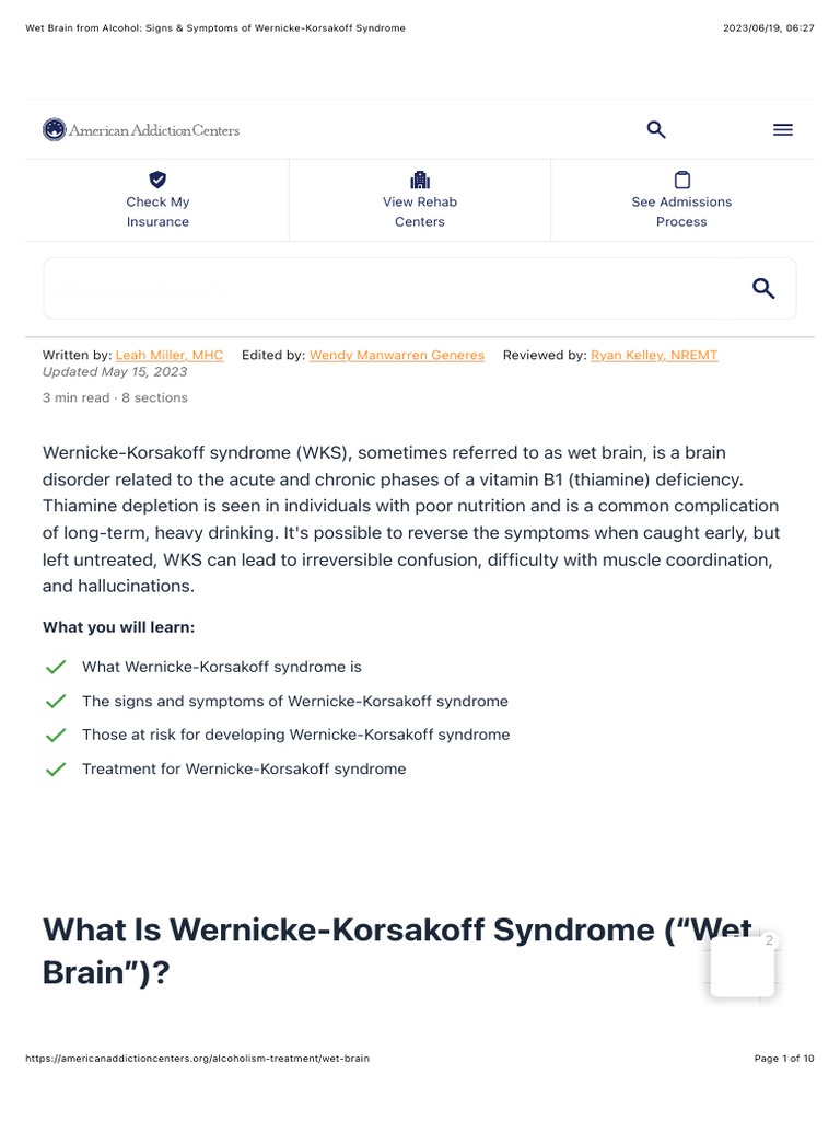 Wet Brain From Alcohol Signs Symptoms of Wernicke-Korsakoff Syndrome | PDF