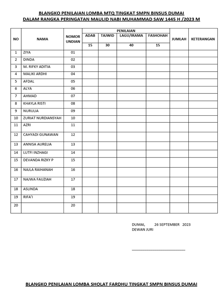BLANGKO LOMBA MTQ 2023 | PDF