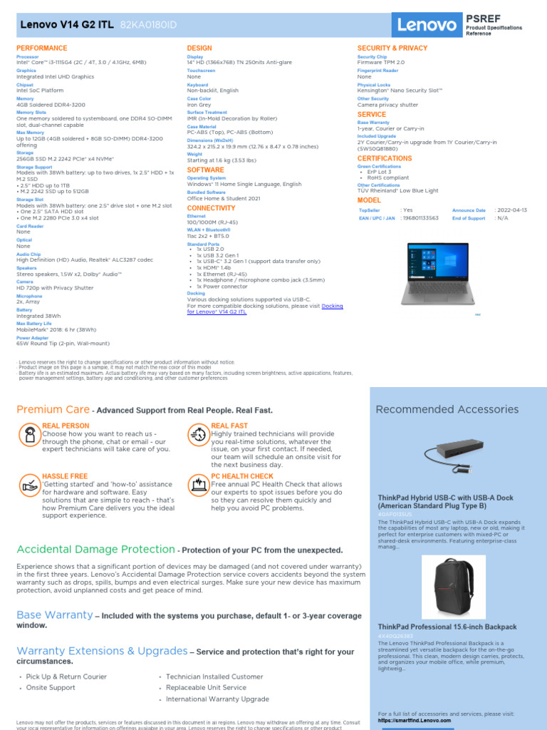 Lenovo V14 G2 ITL 82KA0180ID | PDF
