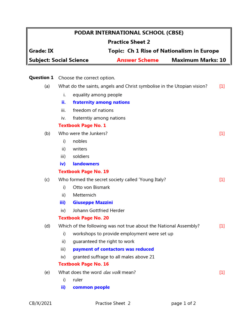 AS - CBSE - X - SS - CH 1 Rise of Nationalism in Europe - Practise Sheet 2 | PDF | Nationalism ...