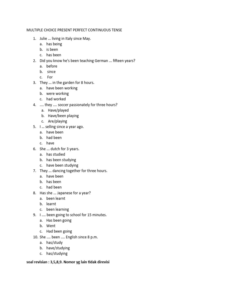 Multiple Choice Present Perfect Continuous Tense | PDF