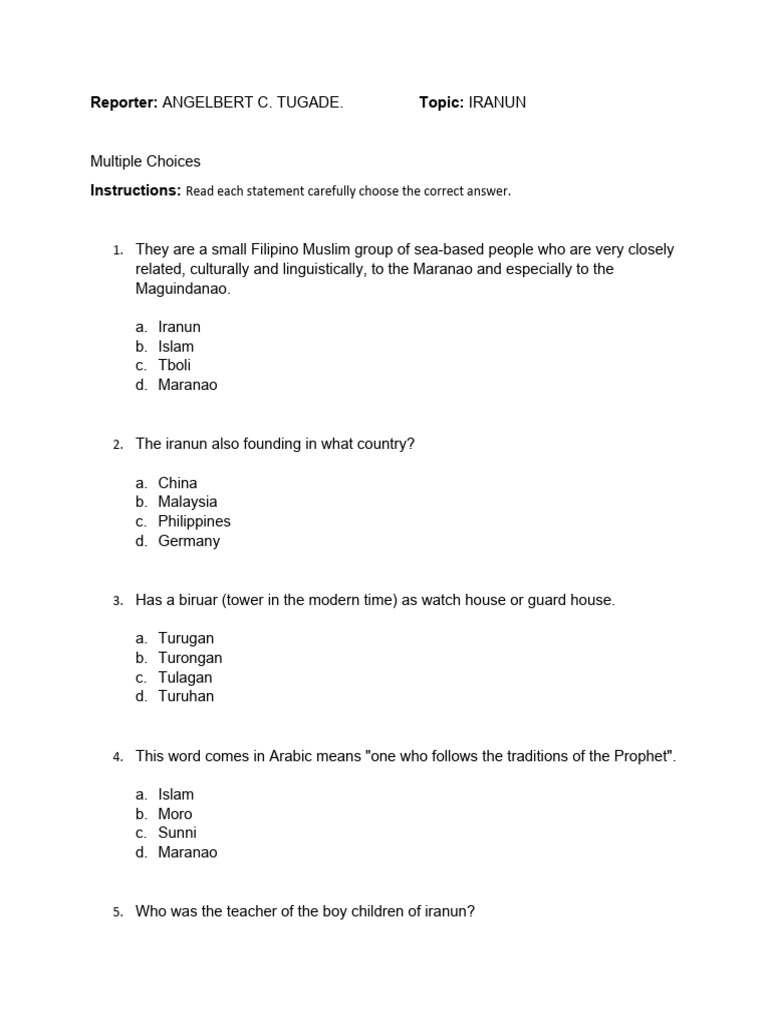 Iranun Culture and Traditions Quiz | PDF