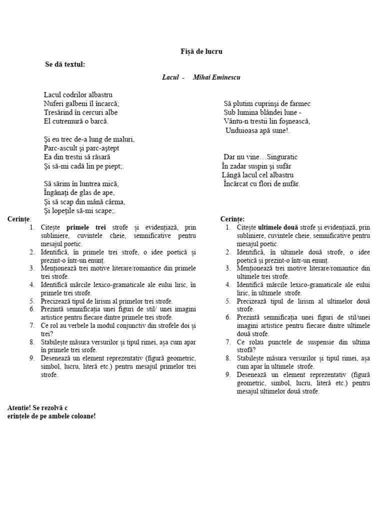 Fisa Lucru Lacul | PDF