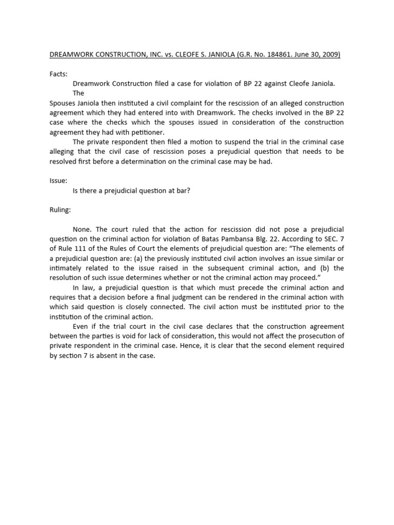 DREAMWORK CONSTRUCTION, INC. vs. CLEOFE S. JANIOLA | PDF