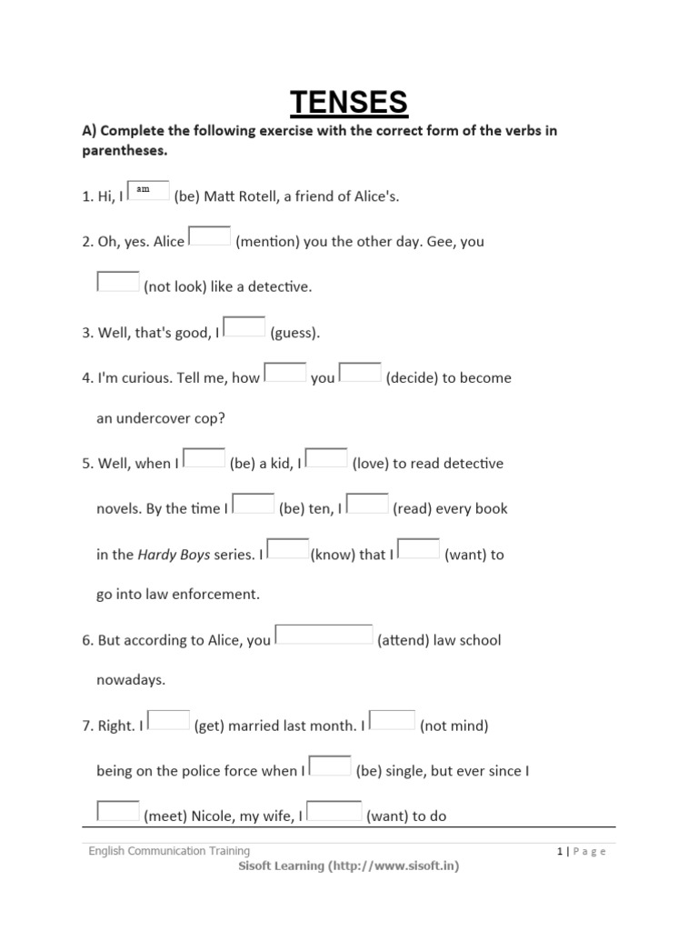 Verb Tenses Exercise Worksheet | PDF | Language Arts & Discipline