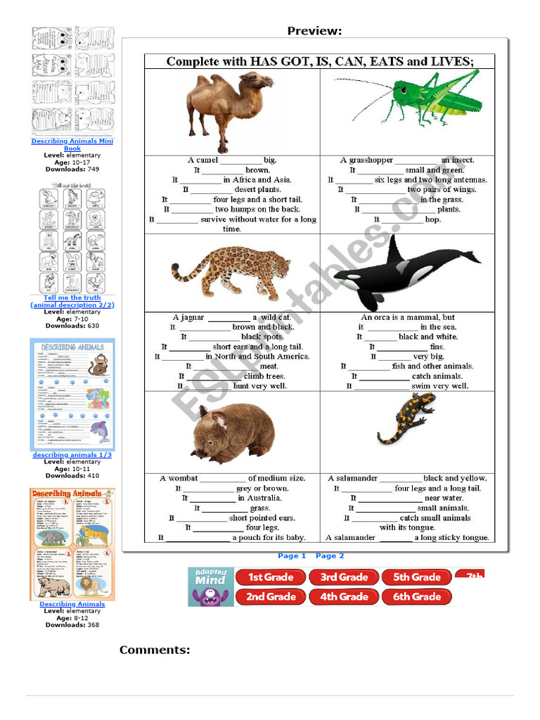 Describing Animals Worksheets for Kids | PDF | Language Arts ...
