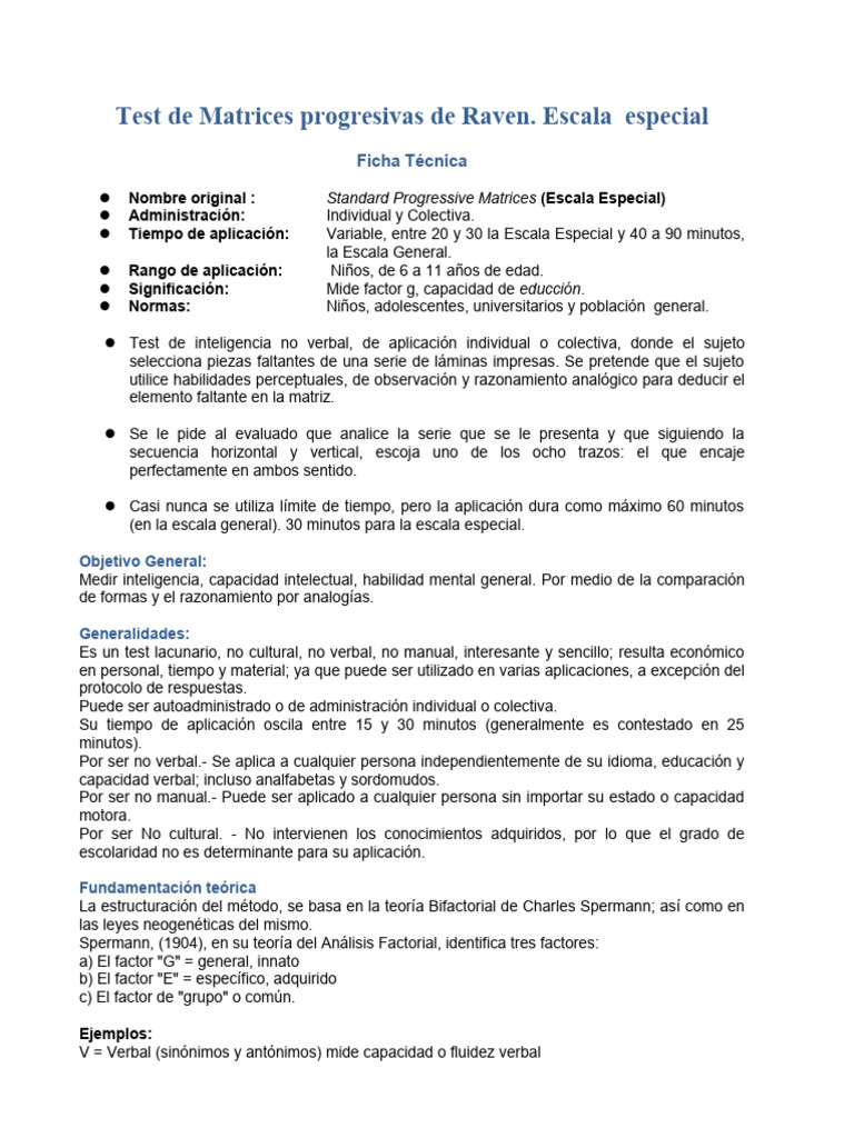 MANUAL Del Test de Matrices Progresivas de Raven | PDF | Inteligencia ...
