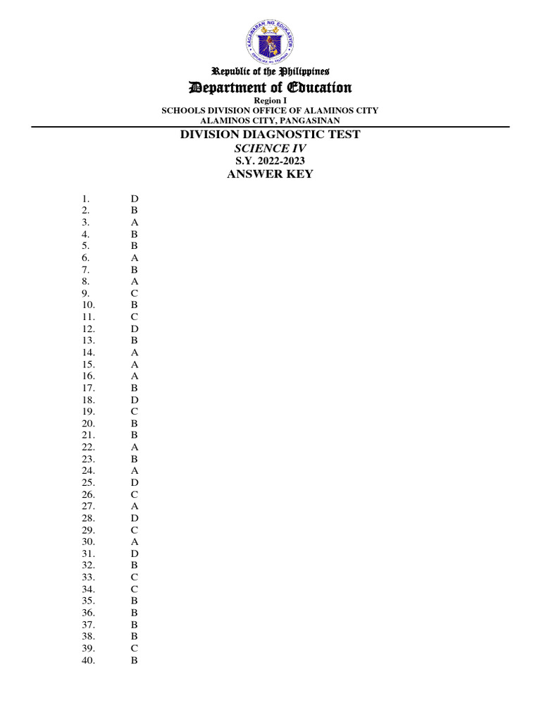 Science 4 Division Diagnostic Test Answer Key 2022 2023 | PDF
