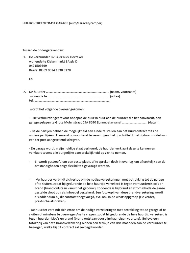 Huurovereenkomst Garage 1 | PDF
