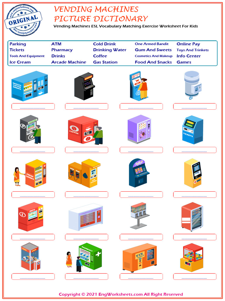 Vending Machines Esl Vocabulary Matching Exercise Worksheet For Kids ...