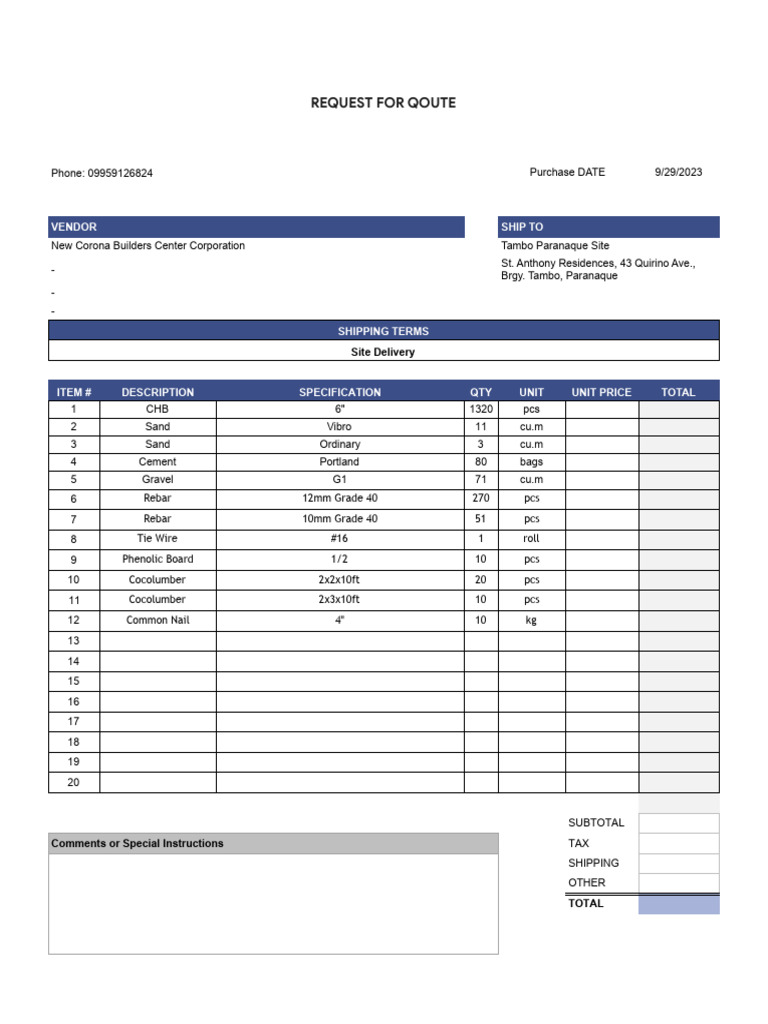 Construction Materials Quote Request | PDF