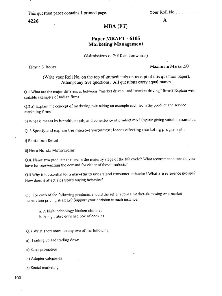 Mba (FT) Paper Mbaft-6105 Marketing Management | PDF