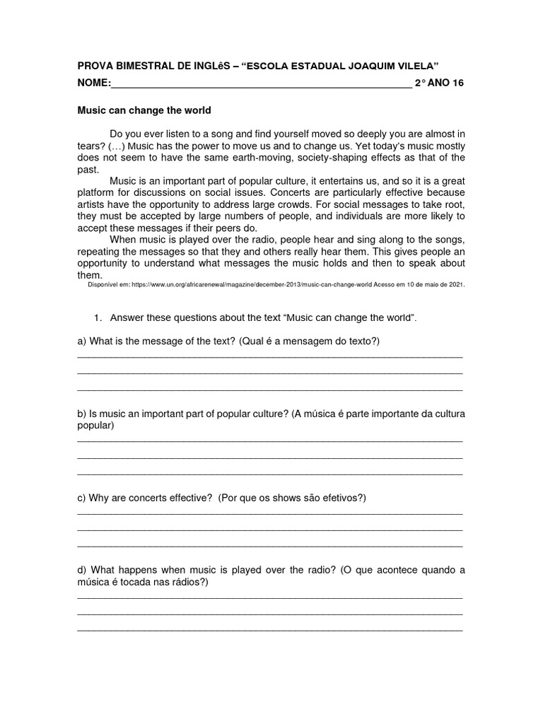 PROVA BIMESTRAL DE INGLêS | PDF