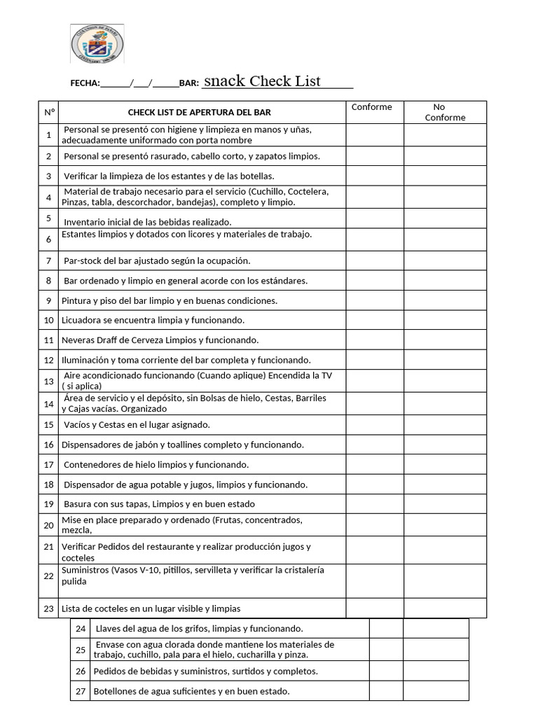 Checklist de Apertura para Snack Bar | PDF