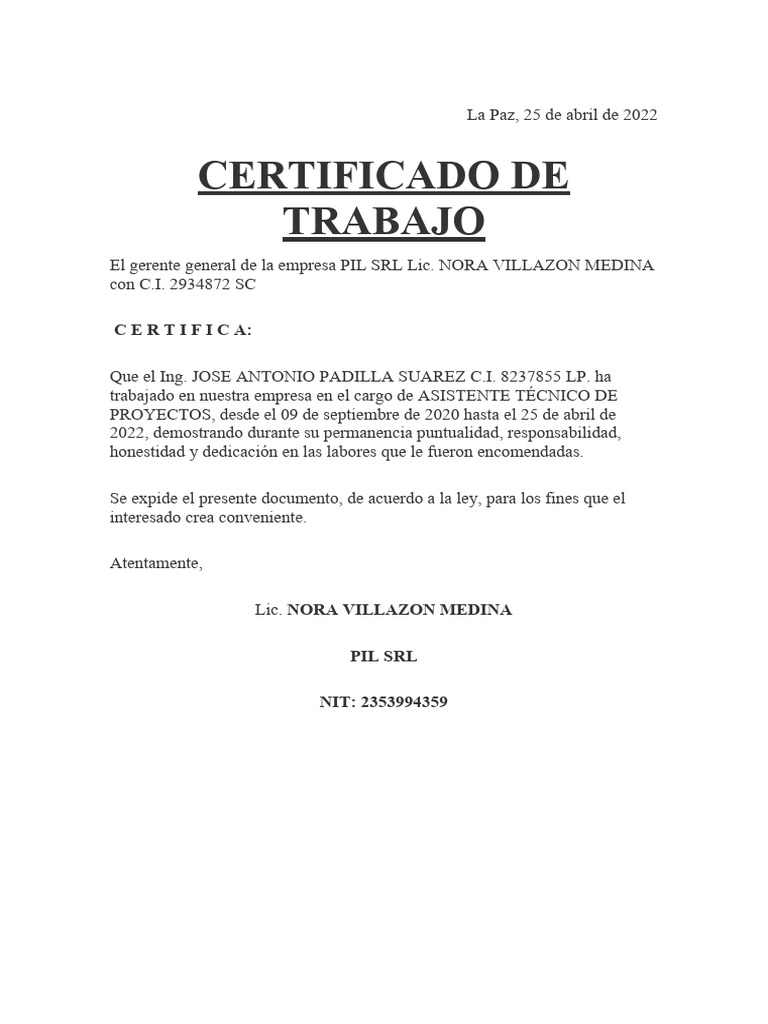 Ejemplo de Certificado de Trabajo | PDF