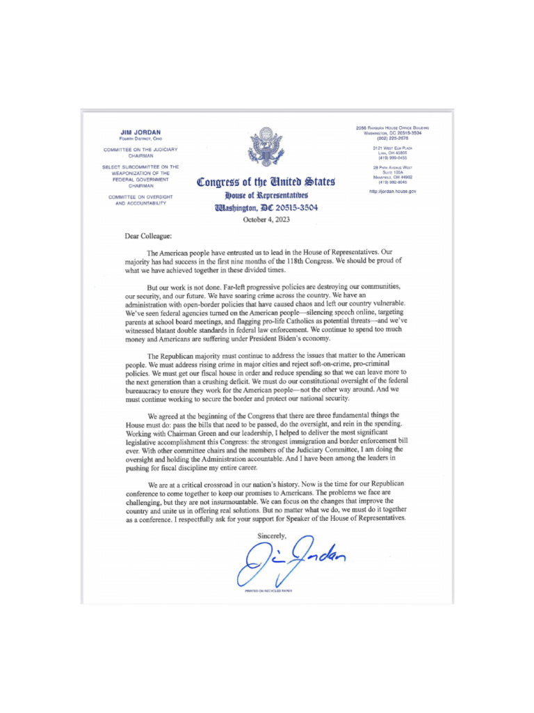 Jim Jordan Letter Speaker | PDF