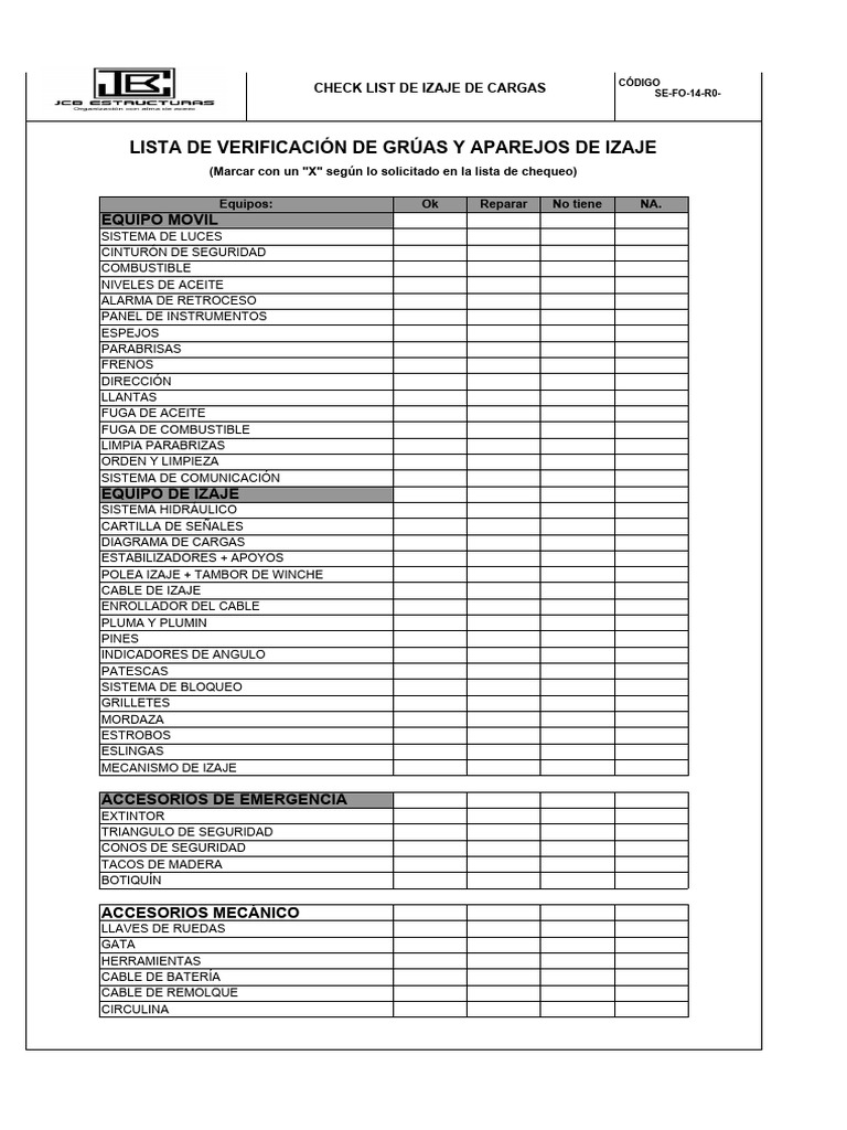 Se-Fo-14-R0-Permiso de Izaje de Cargas - Check List | PDF | Vehículos ... Se-Fo-14-R0-Permiso de Izaje de Cargas - Check List | PDF | Vehículos ...